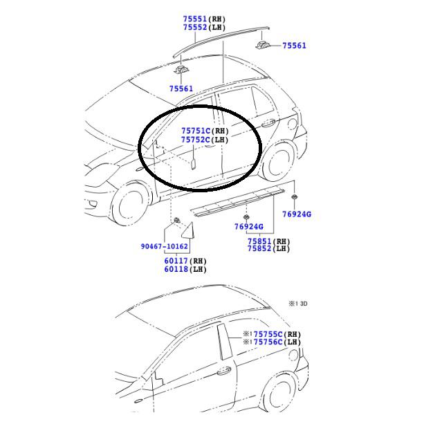 Toyota Yaris 2005-2013 L/H Front Window Frame Moulding - Toyota Parts ...